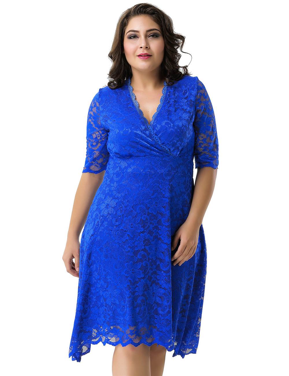 Plus Size Blue Lace V Neck Dress | Ohyeah